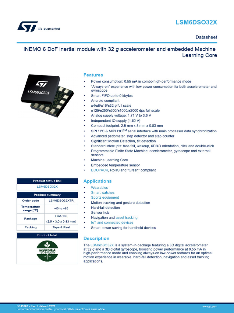 LSM6DSO32X: 6-Axis Sensor with MLC | PDF | Accelerometer | Machine Learning
