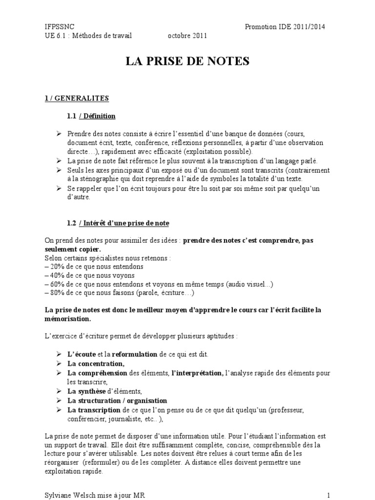 Cours Prise de Notes | Lecture (Processus) | Document