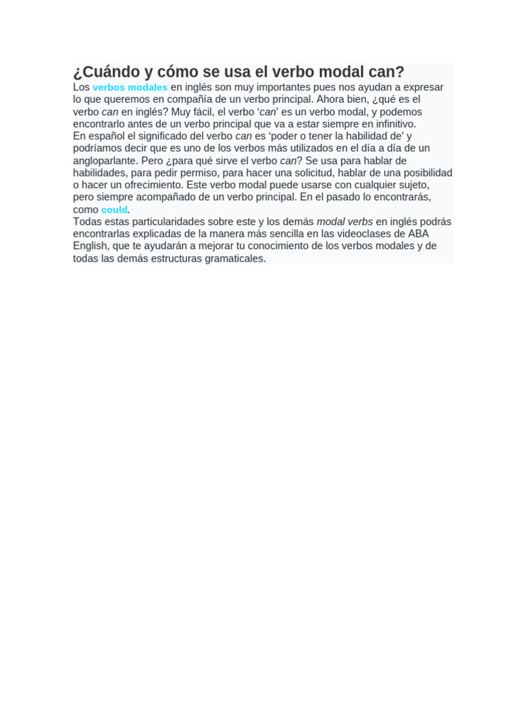 Cuándo y Cómo Se Usa El Verbo Modal Can | PDF Cuándo y Cómo Se Usa El Verbo Modal Can | PDF