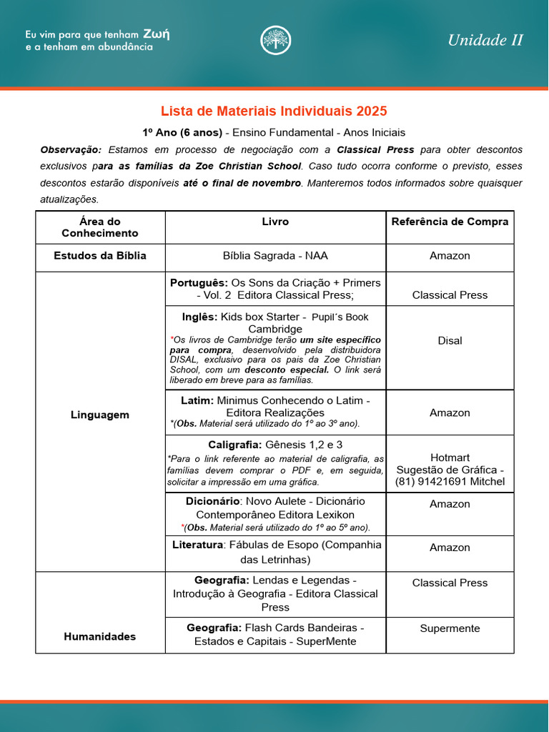 Materiais 1º Ano - Zoe Christian School | PDF | Livros