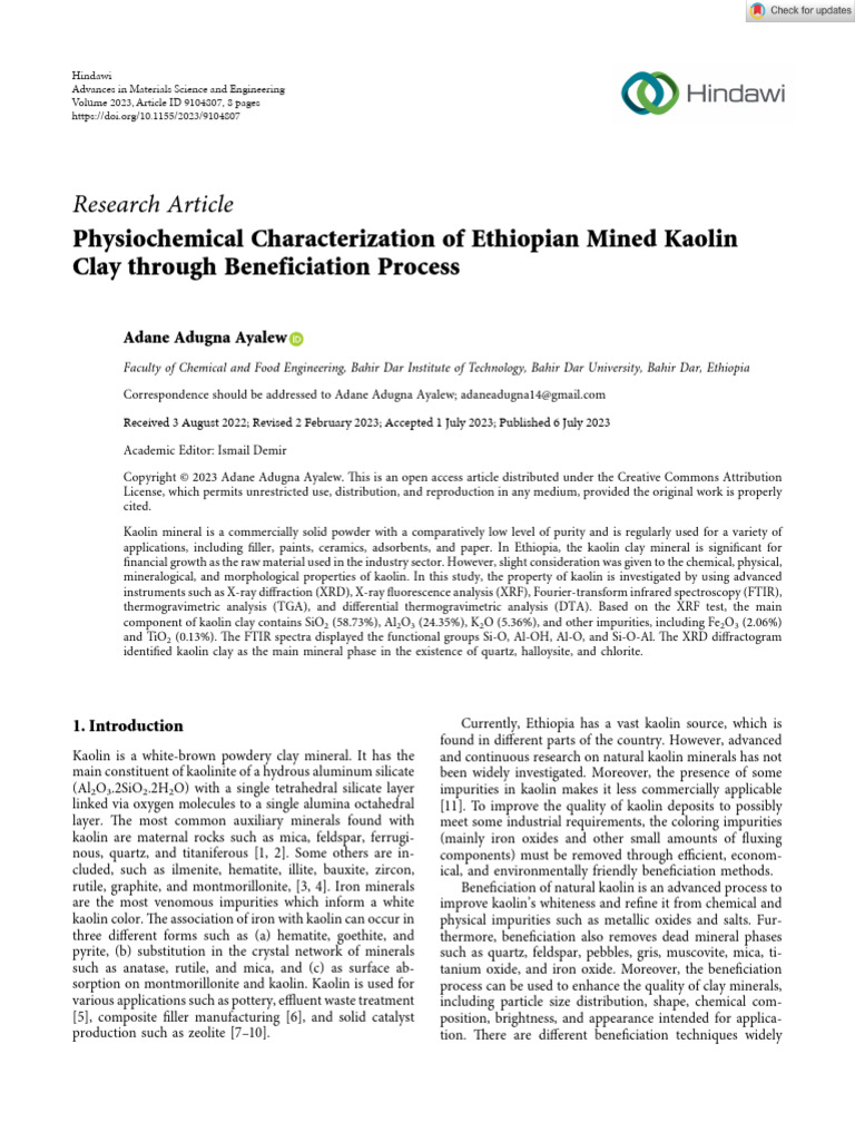 Advances in Materials Science and Engineering - 2023 - Ayalew - Physiochemical Characterization ...