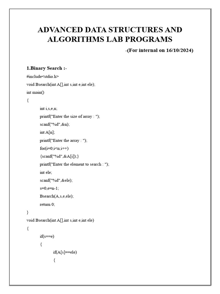 Advanced Data Structures and Algorithms Lab Programs | PDF | Computing | Combinatorics