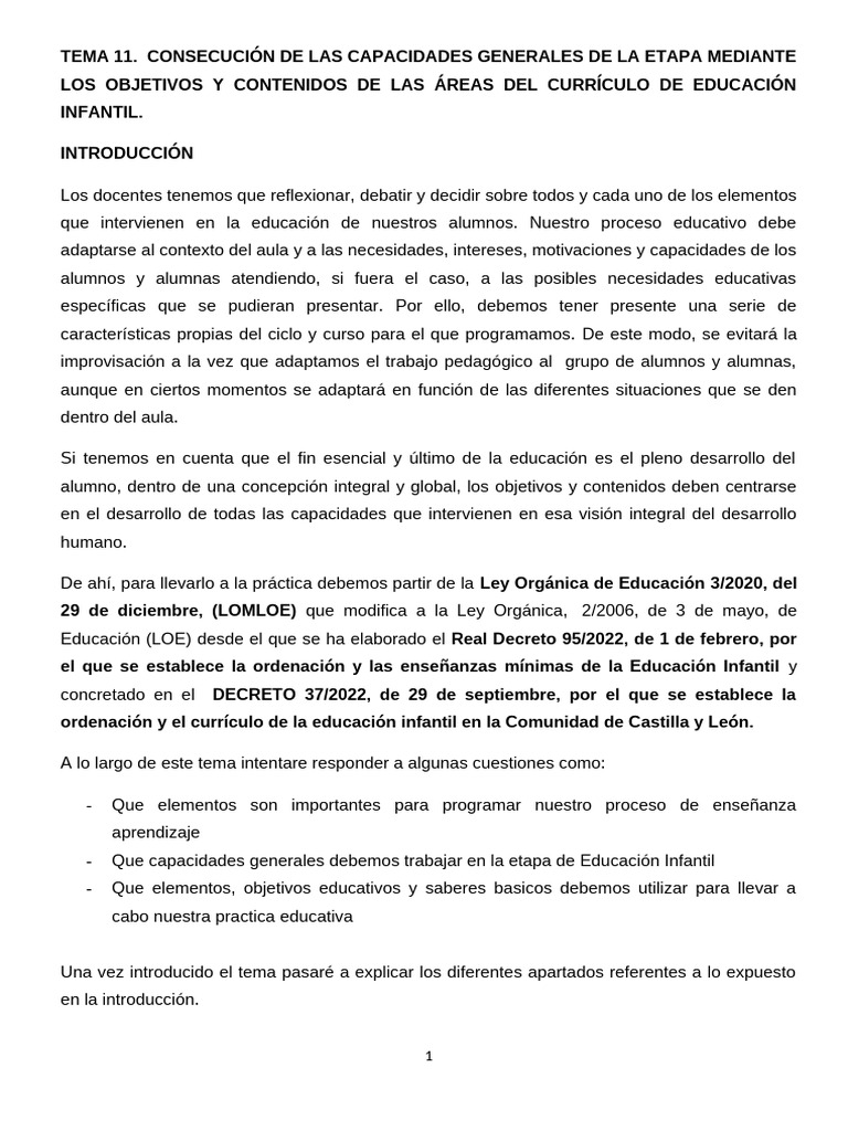 Tema 11 Curriculo de Educacion Infantil | PDF | Plan de estudios ...