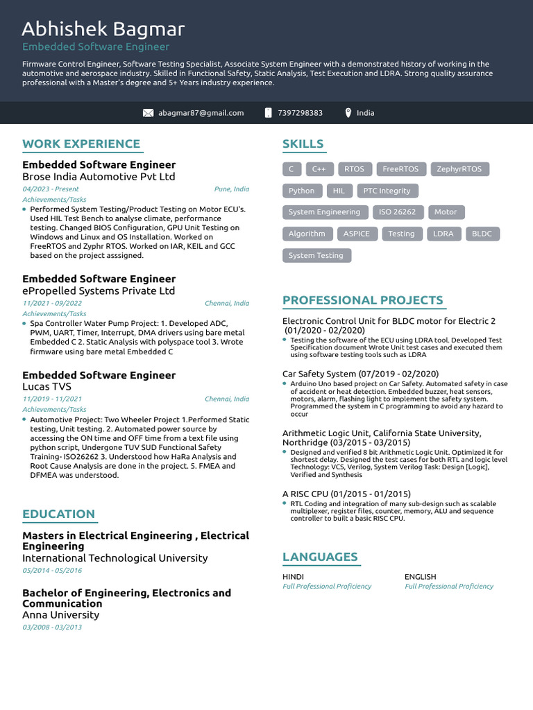 Abhishek Bagmar Embedded Software Engineer | PDF | Logic Synthesis | Computer Engineering