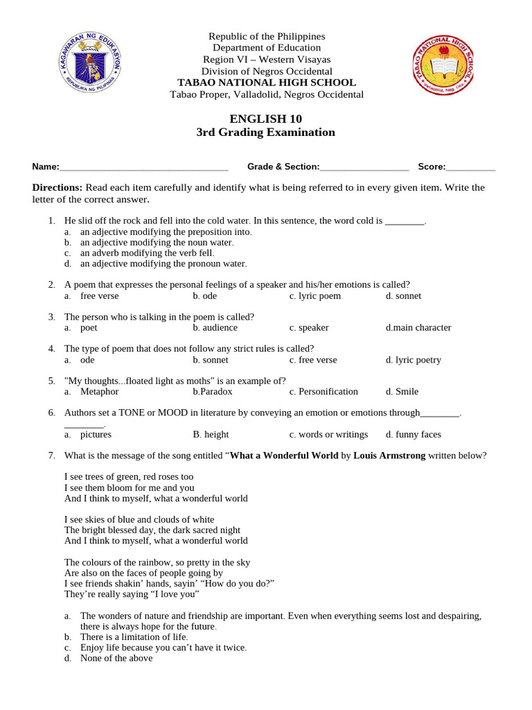 English 10 3rd Grading Exam Guide | PDF | Narration | Adjective