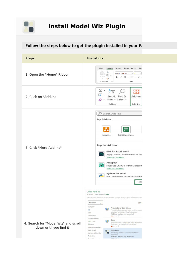 How to Install Model Wiz Plugin in Excel | PDF