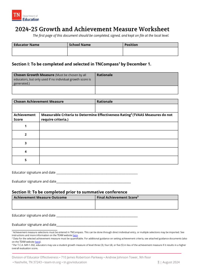2024 25 Growth and Achievement Measure Worksheet Fillable | PDF