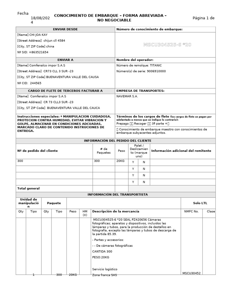 Conocimiento de Embarque: Detalles | PDF