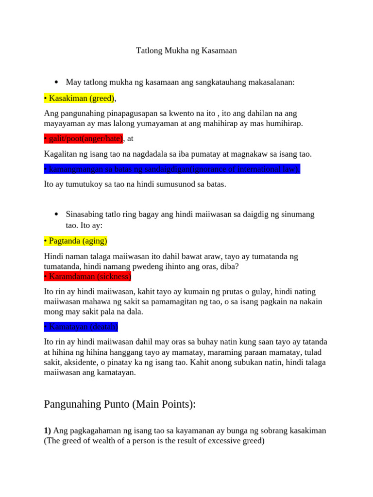 Tatlong Mukha NG Kasamaan Reviewer | PDF