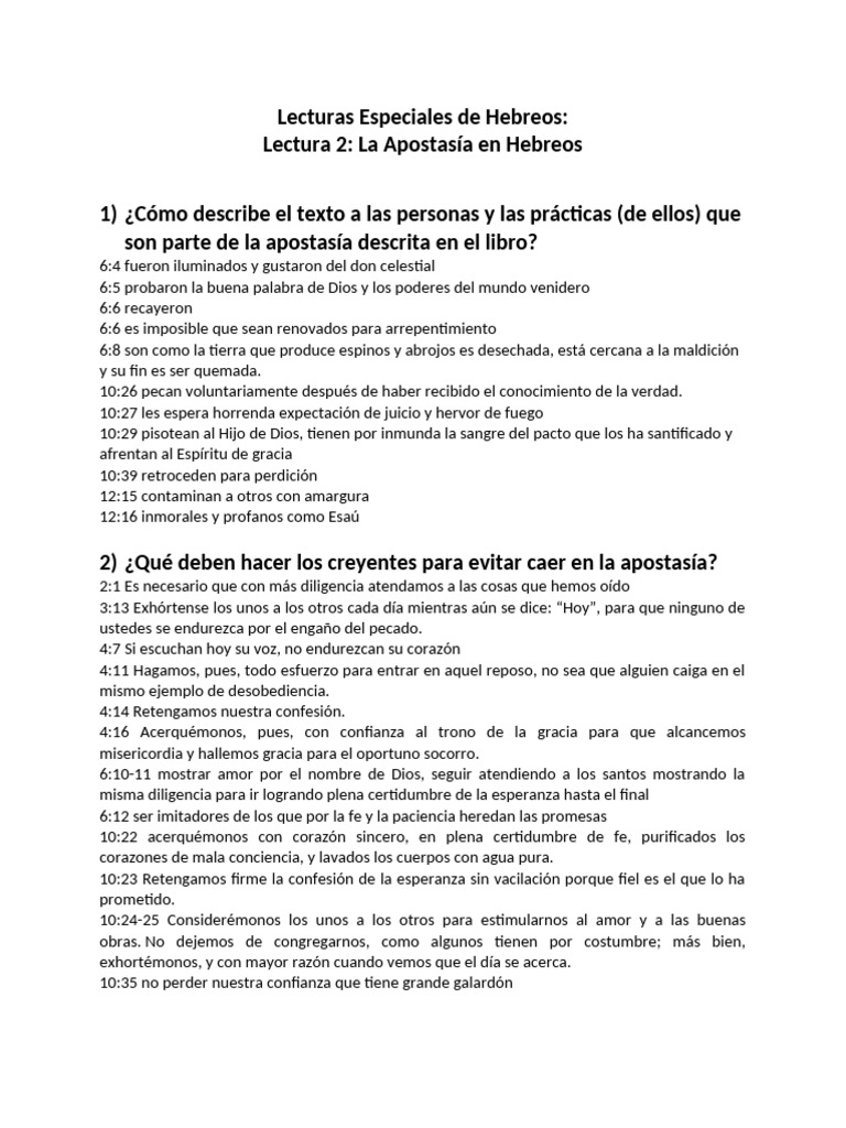 Lecturas Especiales de Hebreos, Lectura 2 La Apostasía en Hebreos | PDF | Creencia religiosa y ...