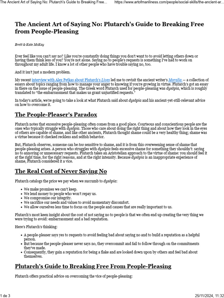 The Ancient Art of Saying No - Plutarch's Guide To Breaking Free From People-Pleasing | PDF ...