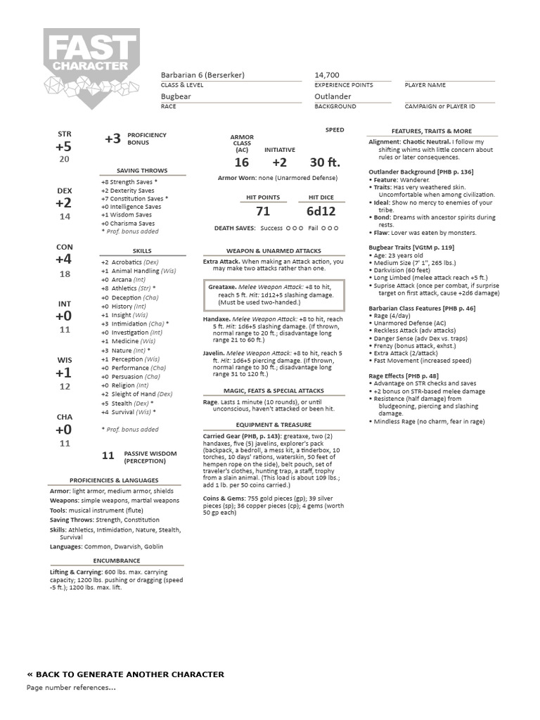 Bugbear Barbarian Character Sheet | PDF | Role Playing Games