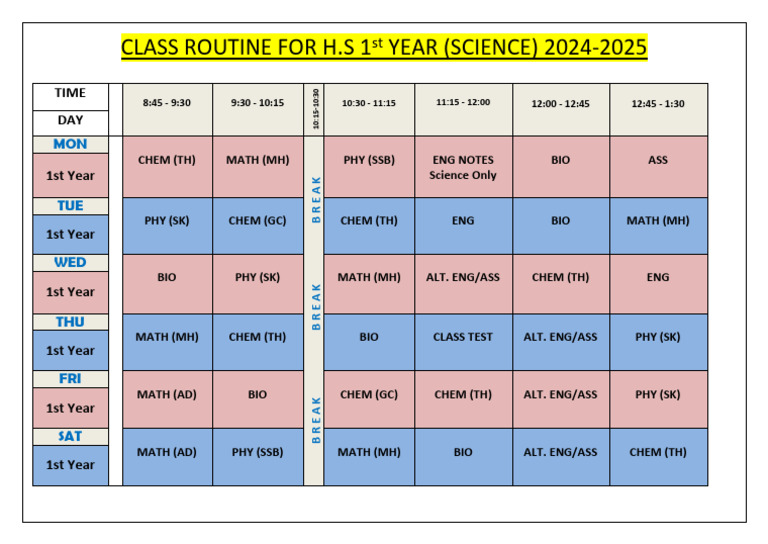 Class Routine HS 1st Year SCIENCE 20-09-2024 | PDF