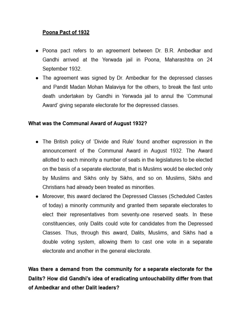 Poona Pact of 1932 | PDF | Dalit | Mahatma Gandhi