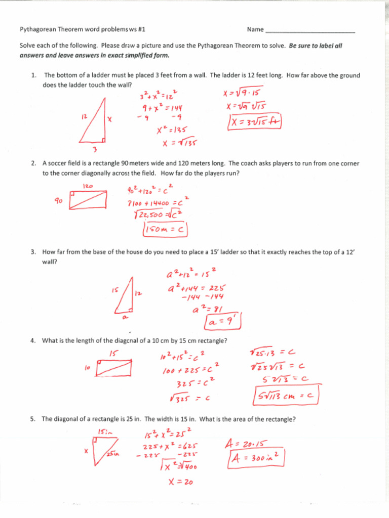Pythagorean Theorem Word Problems WS 1 Key | PDF