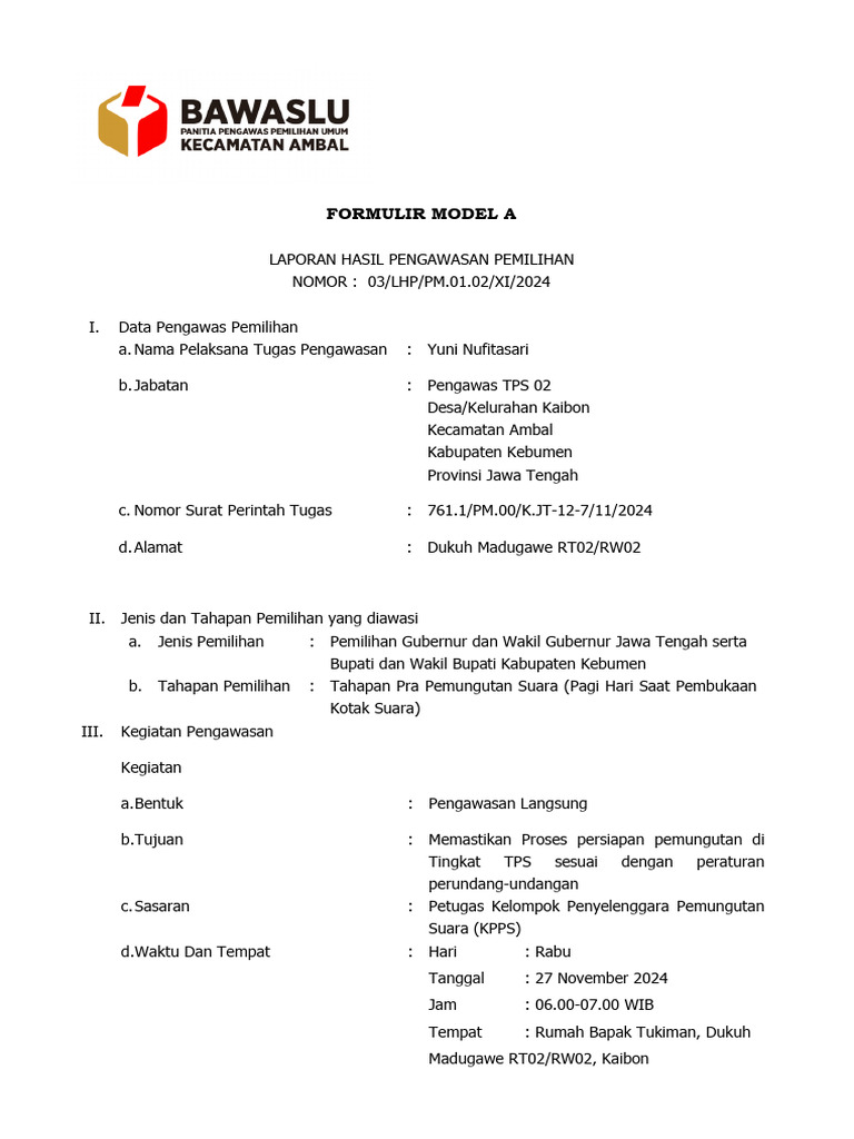 3. Form a Pengawasan Pilkada 2024 - (Pengawasan Pembukaan Kotak) (1) | PDF 3. Form a Pengawasan Pilkada 2024 - (Pengawasan Pembukaan Kotak) (1) | PDF