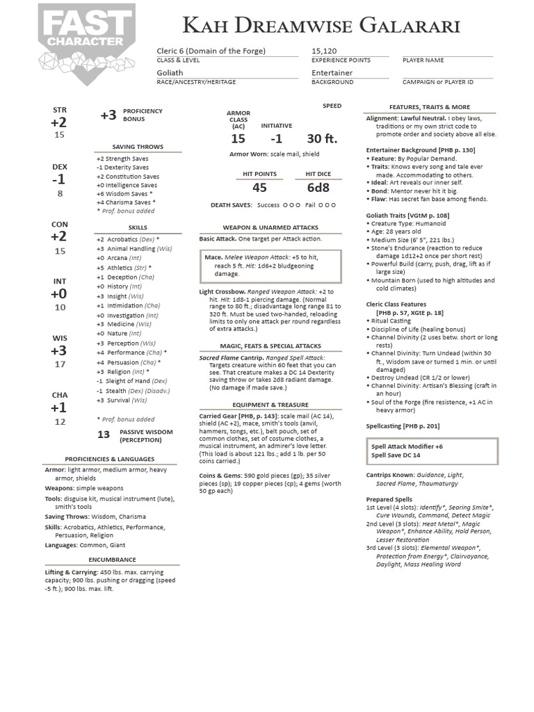 Fast Character - Goliath Cleric 6 (Domain of The Forge) - PHB 2014 | PDF