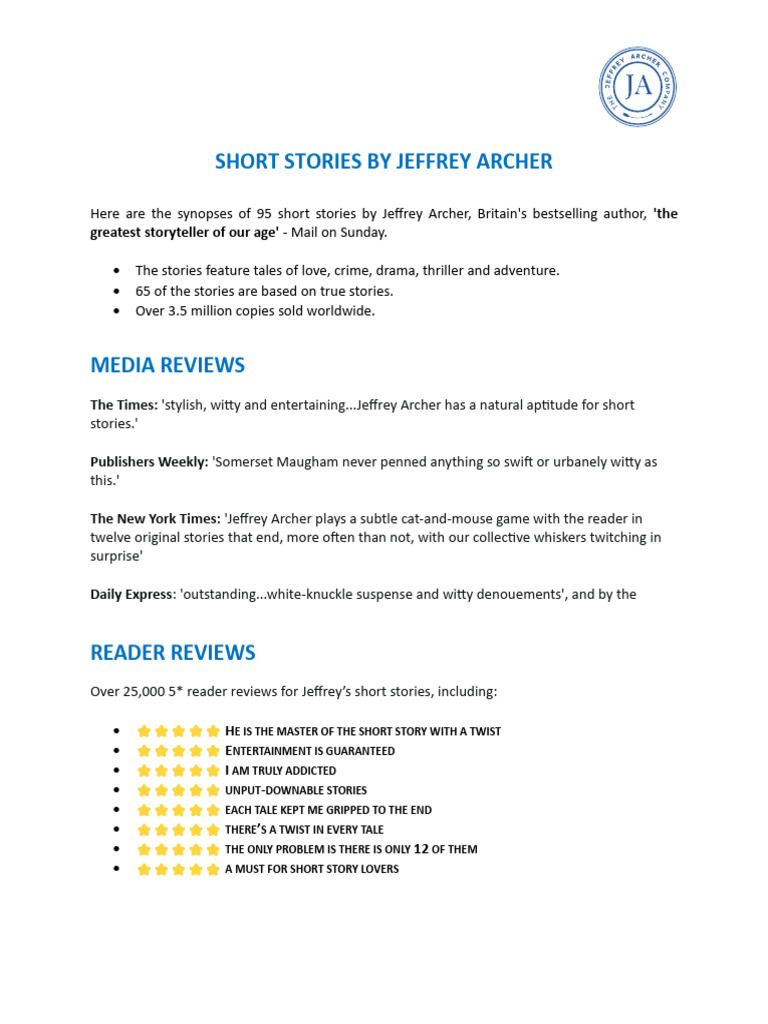 Archer Short Story Collection Synopses WHA | PDF