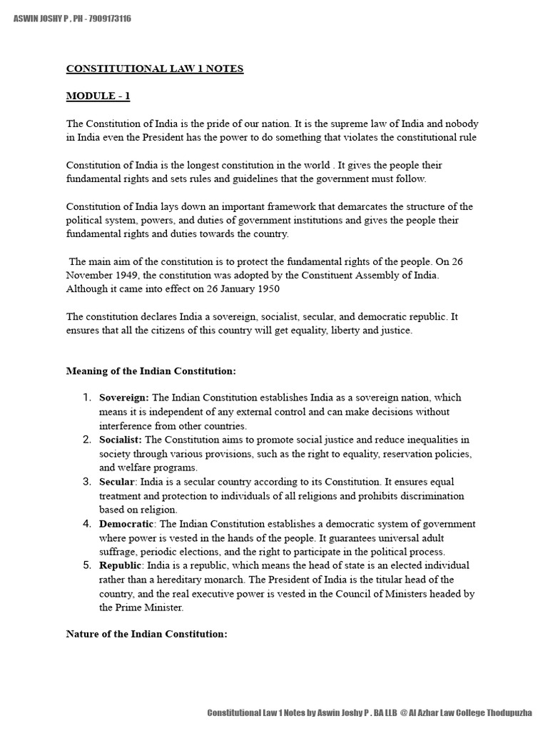 Constitutional Law 1 Full Module Notes | PDF | Constitution | Judiciaries
