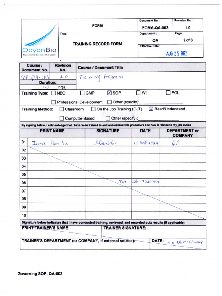 Example Training Form | PDF