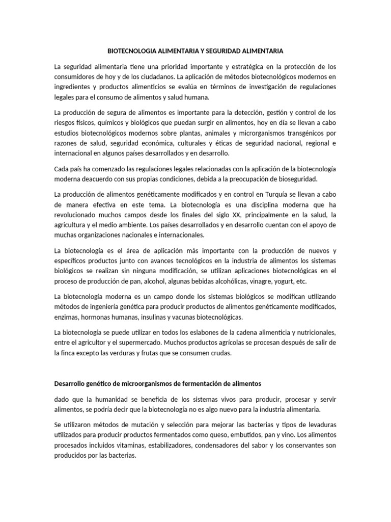 Biotecnologia Alimentaria y Seguridad Alimentaria | PDF | Biotecnología | Alimentos