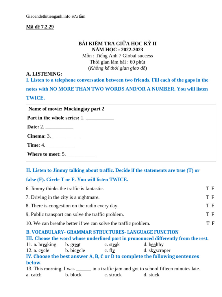 ĐỀ KIỂM TRA GIỮA KÌ II ANH 7 | PDF