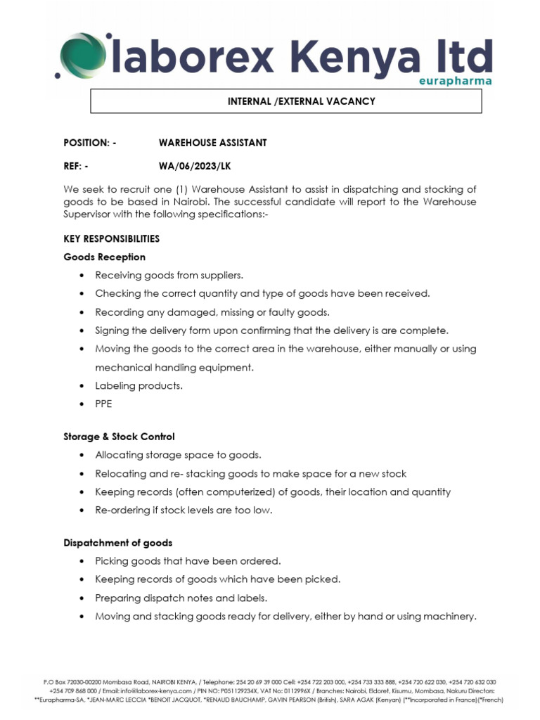 Warehouse Assistant Job Opening | PDF | Warehouse | Logistics