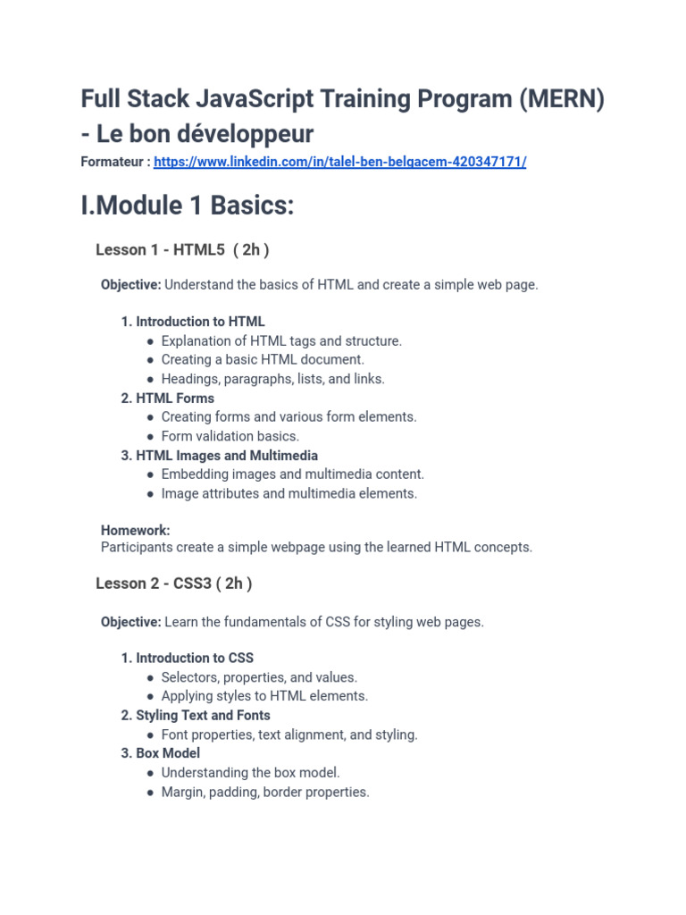 Programme-de-la-Formation-Full-Stack-JavaScript-MERN-Le-bon-développeur | PDF | Html | Java Script
