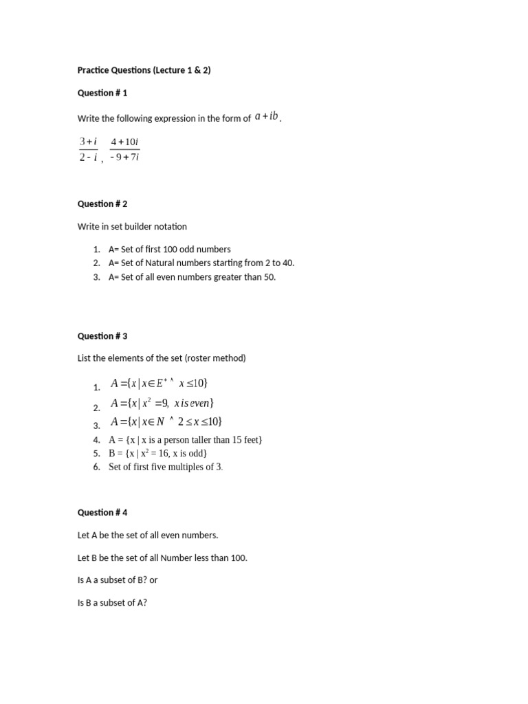 Practice Question Lecture 1 To 2, MTH100 | PDF