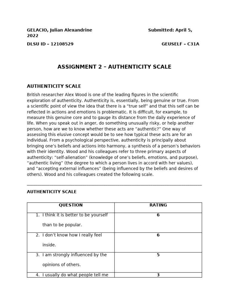 Authenticity_Scale_Gelacio | PDF | Authenticity (Philosophy) | Psychology