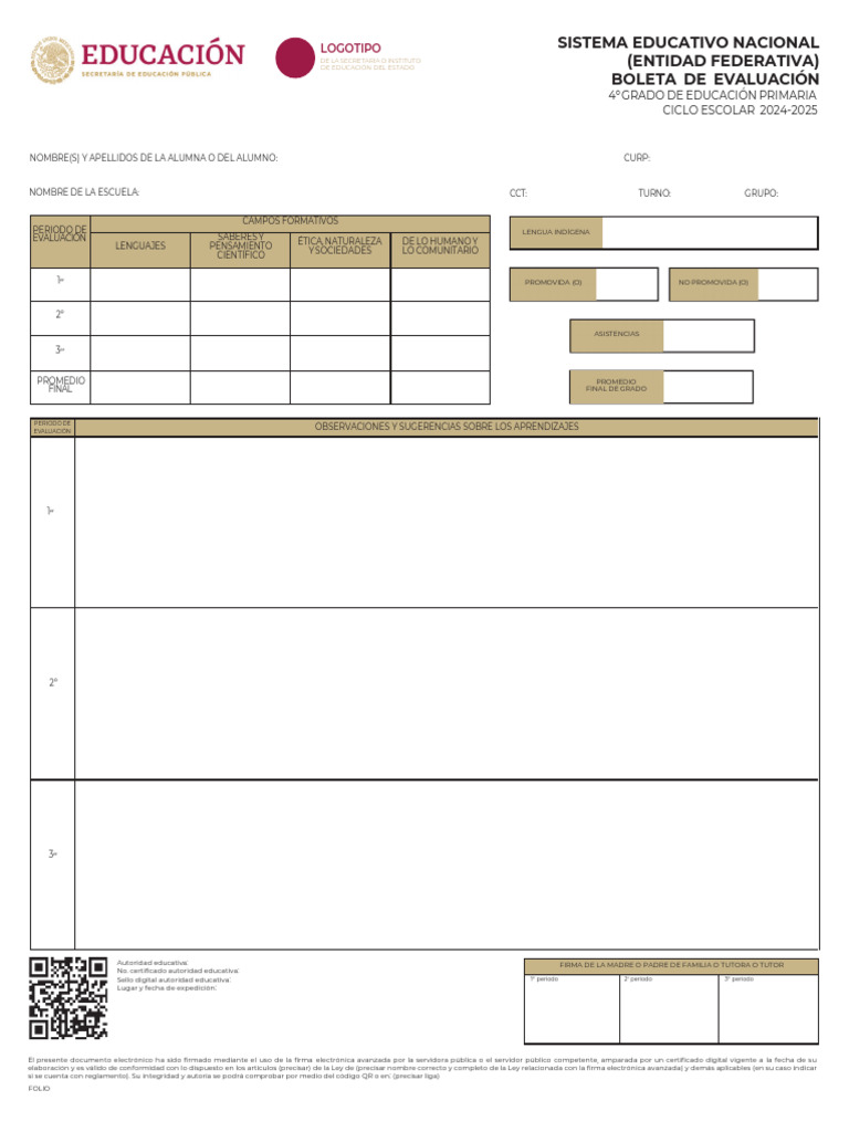Boleta de Evaluación 4º Grado 2024-2025 | PDF