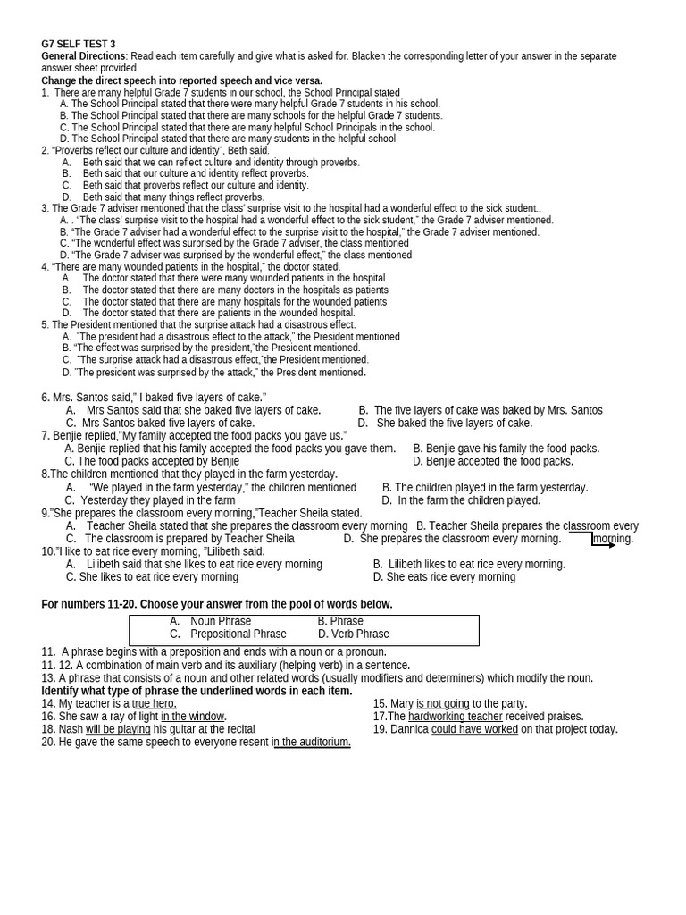 Grade-7_SELF-TEST-Q1-3 | PDF | Phrase | Verb