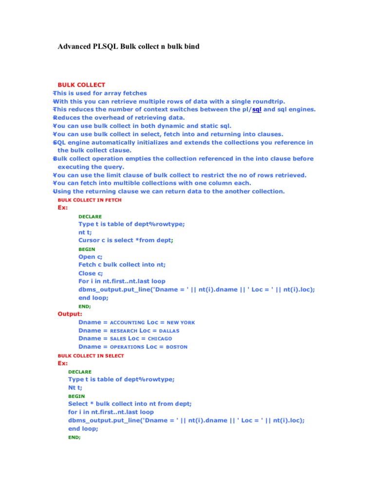Advanced PLSQL Bulk Collect N Bulk Bind | PDF | Pl/Sql | Sql