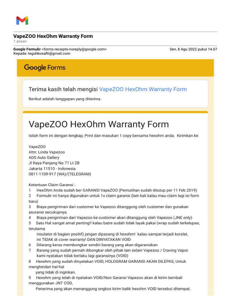 VapeZOO HexOhm Warranty Form | PDF