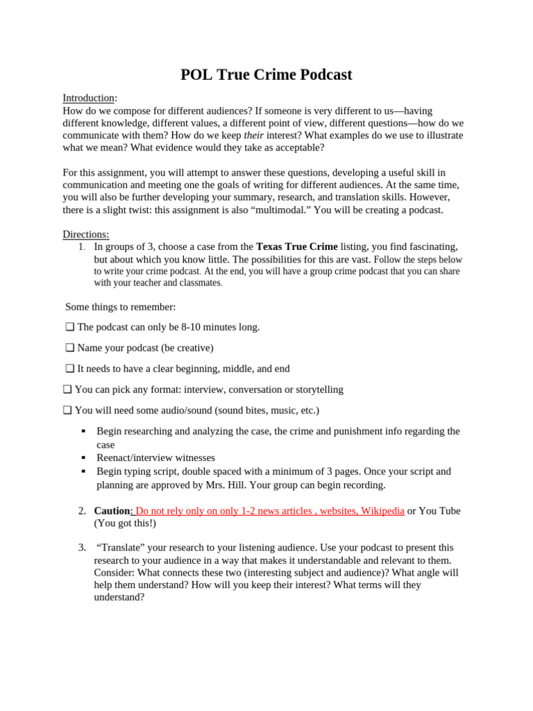 Texas True Crime Podcast Rubric 24-25 | PDF | Podcast | Cognition