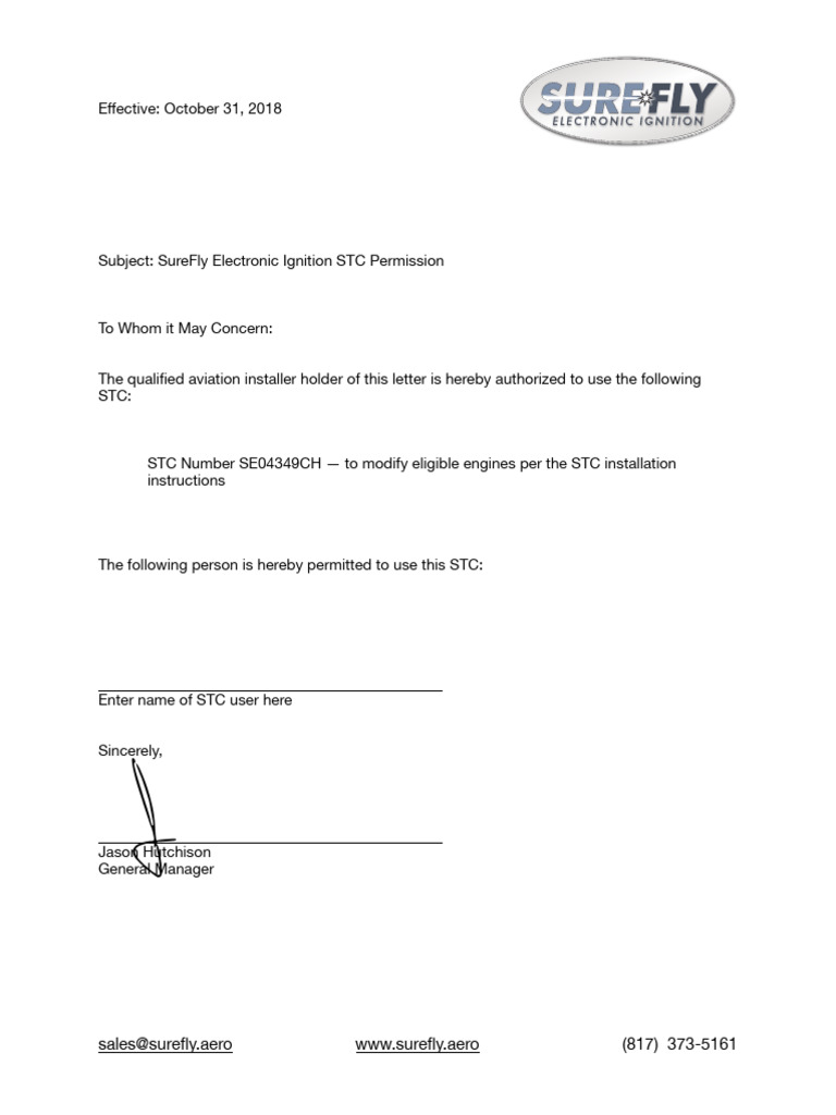 SureFly Engine STC Permission Letter | PDF