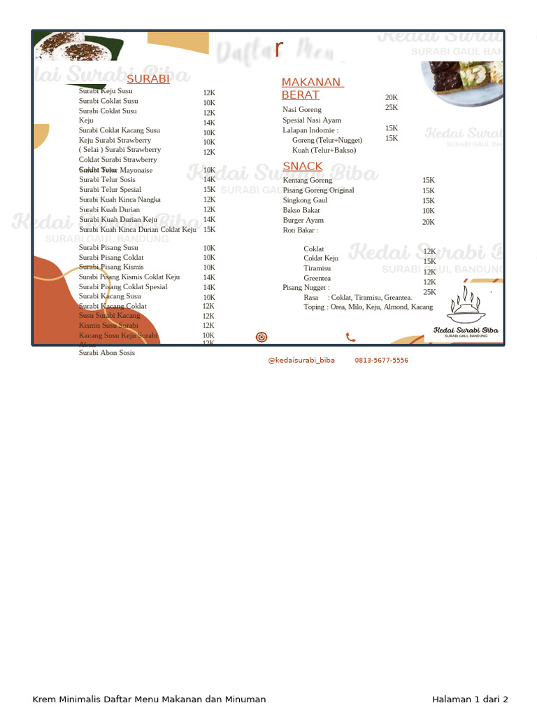 Menu Kedai Surabi Biba | PDF