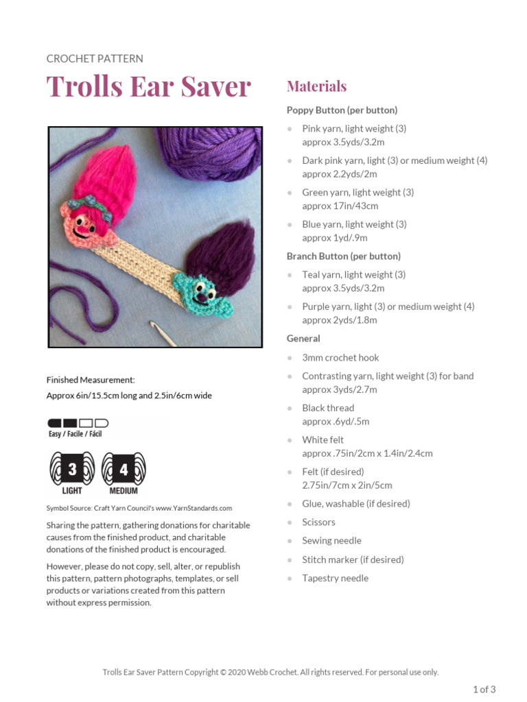 Trolls Ear Saver: Materials | PDF | Crochet | Yarn