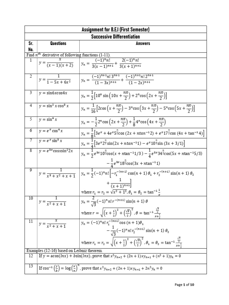 Successive Differentiation Assignment | PDF | Mathematical Relations | Analysis