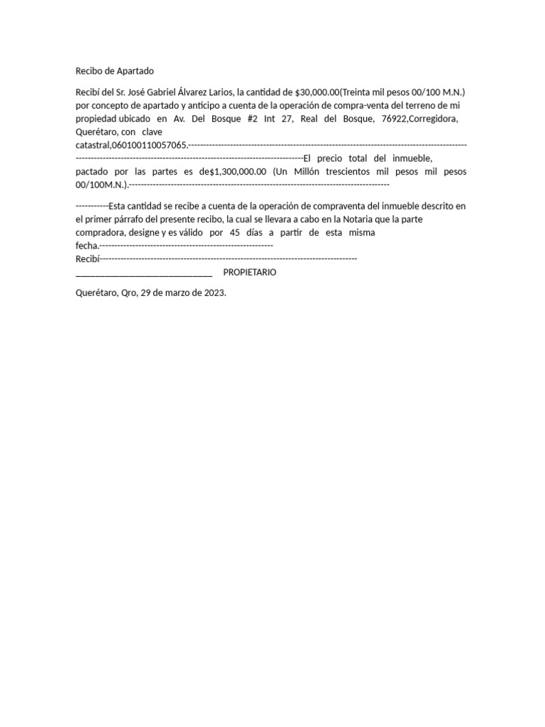 Recibo de Apartado de Terreno | PDF