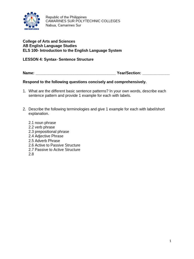 Els 100 - Lesson 4 - Syntax - Structure | PDF