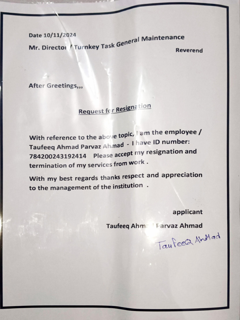 Taufeeq Resignation Lettere Lens | PDF