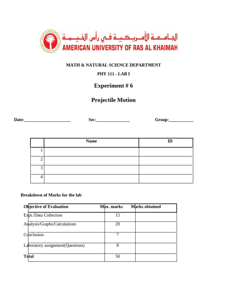 PHY111-Expt-6-Proj Motion-Fall2024 | PDF | Velocity | Acceleration