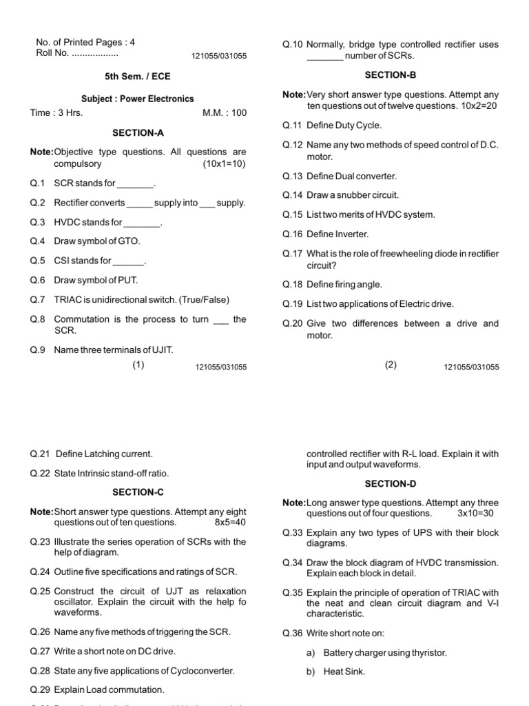 Ece 5 Sem Power Electronics 121055 May 2019 | PDF | Rectifier | Power Electronics