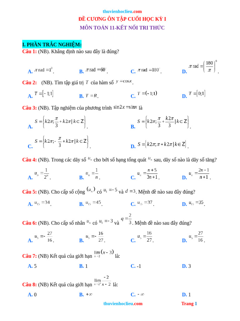 De Cuong On Tap HK1 Toan 11 KNTT | PDF