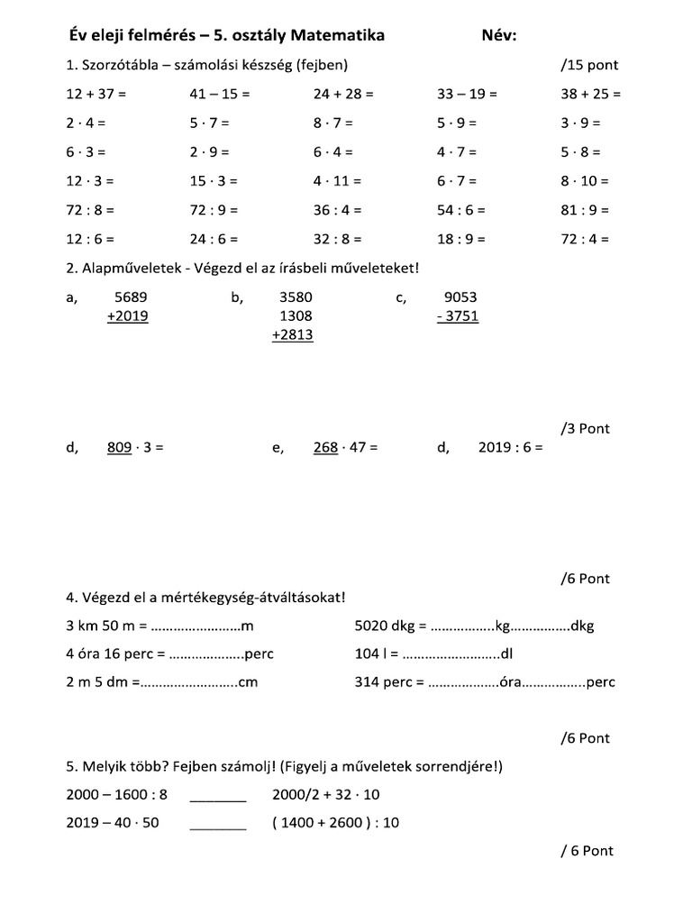 Matek Éveleji Felmérő | PDF