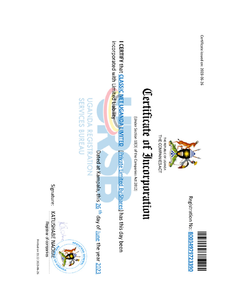 Certified-True-Copyform 1 - Certificate of Incorporation For CLASSIC ...