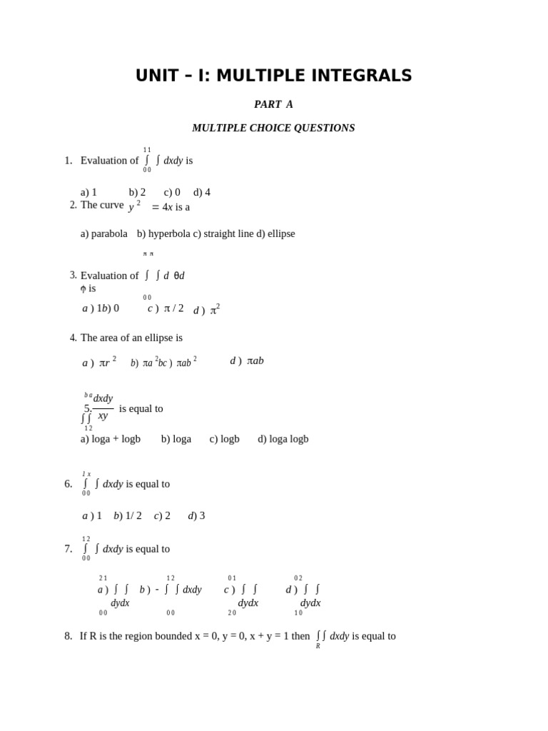 MCQ Multiple Integrals PDF PDF Free | PDF | Integral | Geometric Shapes