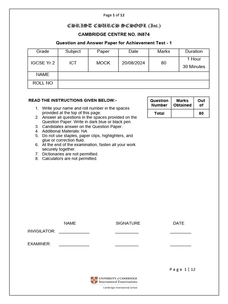 Grade 10 ICT Paper 1 AT1 MOCK | PDF