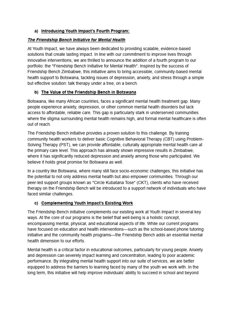 Practical Assessment 2 (The Friendship Bench Initiative | PDF | Mental ...